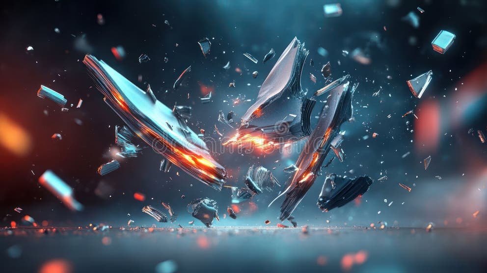 A Dynamic Explosion of Metallic Shards and Glowing Elements in a ...