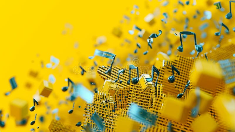 Dynamic Explosion of Musical Notes and Cubes in Yellow Stock Image ...