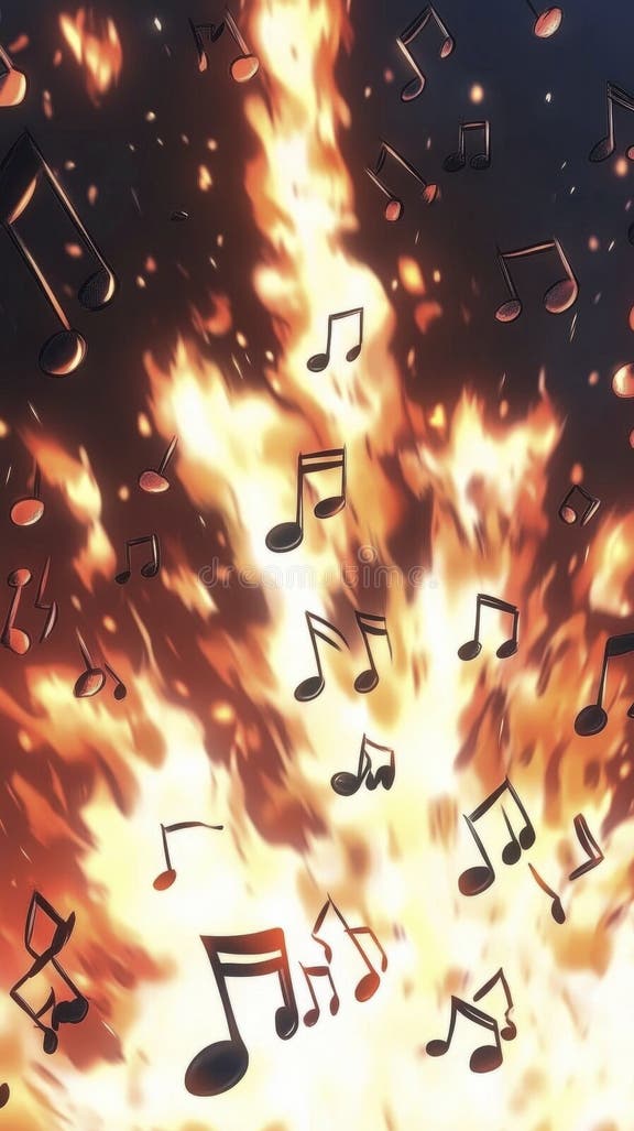 Dynamic Explosion of Musical Notes in a Fiery Scene Stock Illustration ...