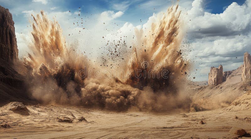 A Dynamic Explosion Occurs in the Expansive Desert Landscape, Forming a ...