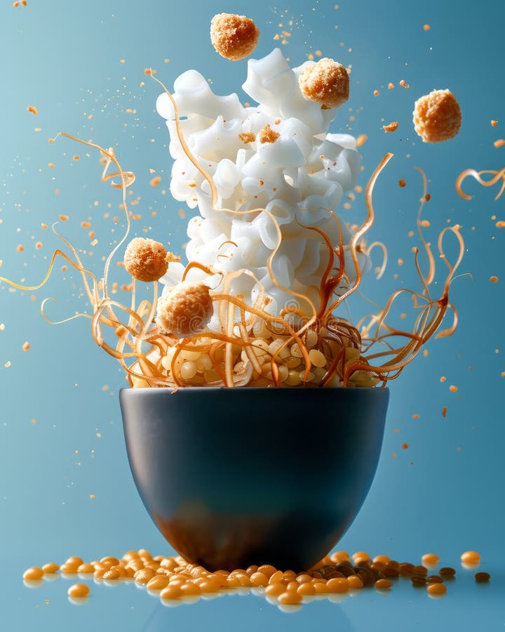Dynamic Explosion of Popcorn and Caramel Splashes from Bowl on Blue ...