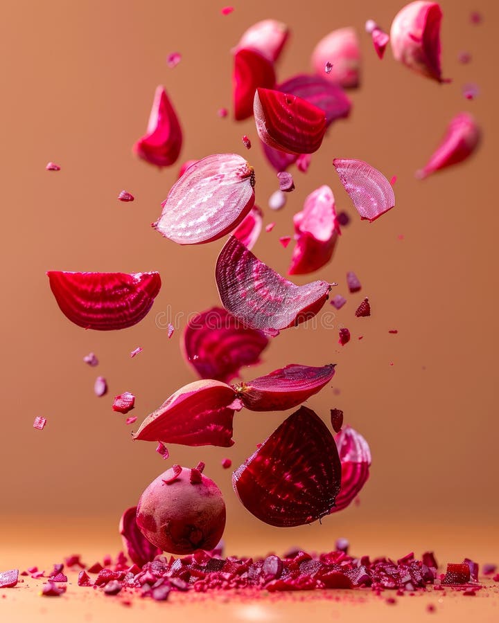 Dynamic Explosion of Red Beetroot Pieces and Dust Against Warm Colored ...