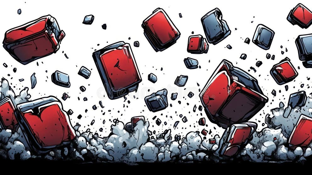 A Dynamic Explosion of Red and Blue Containers Amidst Debris Stock ...