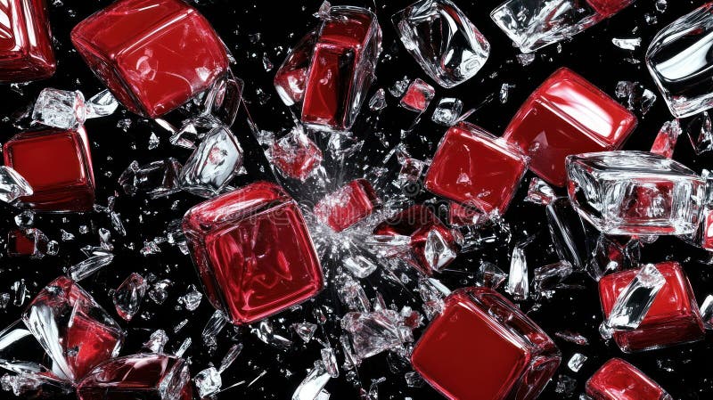 A Dynamic Explosion of Red and Clear Ice Cubes Against a Black ...