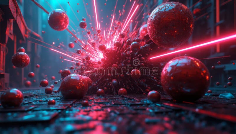 Dynamic Explosion of Red Spheres with Vibrant Laser Beams Stock Photo ...