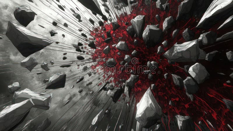 A Dynamic Explosion of Rocks and Red Liquid Against a Monochromatic ...