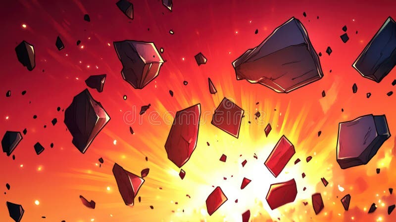 A Dynamic Explosion Scene with Flying Debris Against a Fiery Background ...
