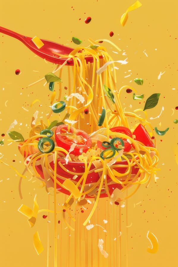 Dynamic Explosion of Spaghetti with Tomatoes and Vegetables, Creating a ...