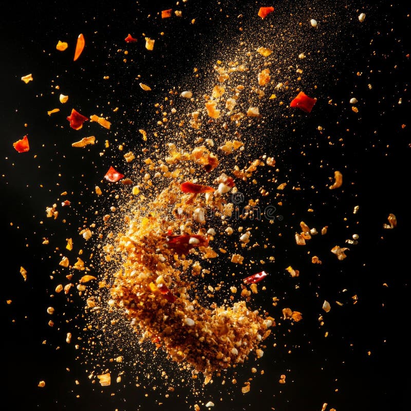Dynamic Explosion of Spices and Grains in Mid-air Against a Black ...