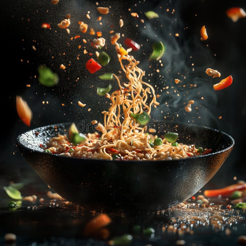 Dynamic Explosion of Stir-fried Noodles with Vibrant Vegetables in ...
