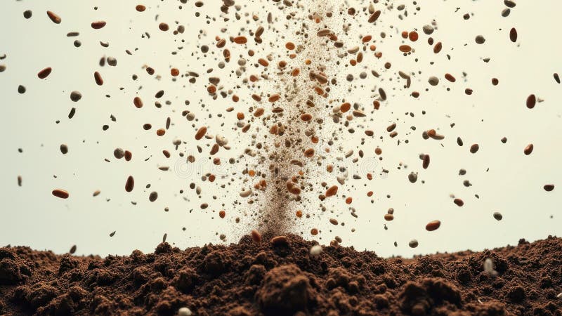 Dynamic Explosion of Various Nuts and Seeds in Midair Above Soil Stock ...
