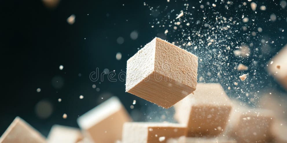 Dynamic Explosion of Wooden Cubes with Sawdust in Motion, AI Generative ...