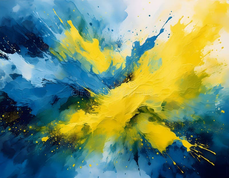 A Dynamic Explosion of Yellow Paint Bursts Against a Blue and White ...