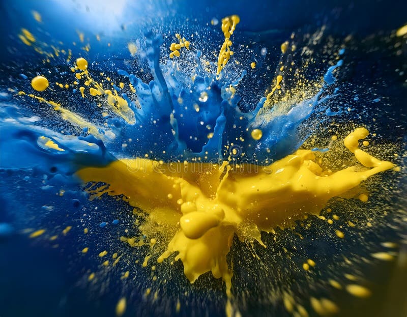 A Dynamic Explosion of Yellow Paint Bursts Against a Dark Blue ...