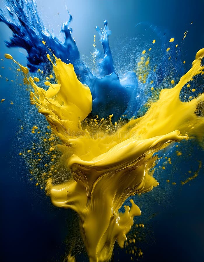 A Dynamic Explosion of Yellow Paint Bursts Against a Dark Blue ...