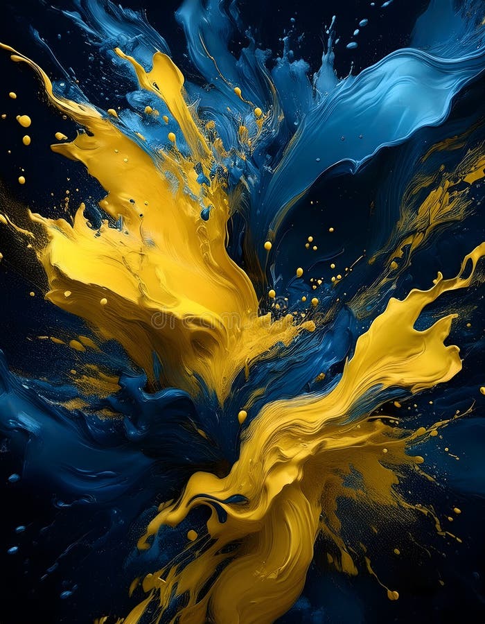 A Dynamic Explosion of Yellow Paint Bursts Against a Dark Blue ...