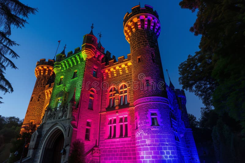 Dynamic Facade Lighting with Changing Colors on Castle Stock Image ...