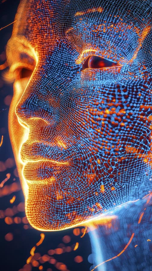 Dynamic Face with Glowing Mesh and Vibrant Sparkles Stock Illustration ...