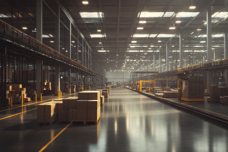 A Dynamic Factory Scene with Bustling Machinery, Boxes, and Packaging ...