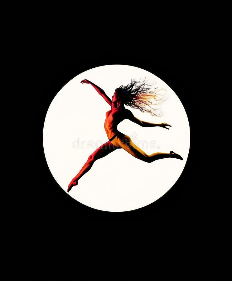 Dynamic Female Dancer Jumping Against a Bright Circular Backdrop. Stock ...