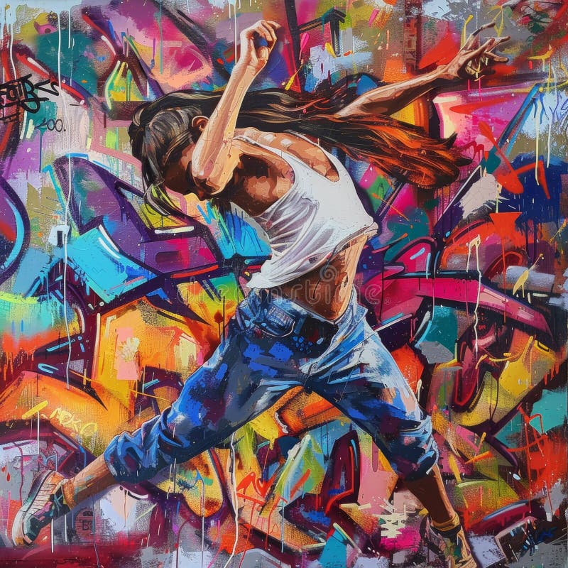 Dynamic Female Dancer Performing Solo Breakdance Routine in Front of ...