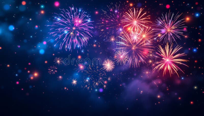 Dynamic Festive Backdrop with Bright Multicolored Fireworks Stock ...