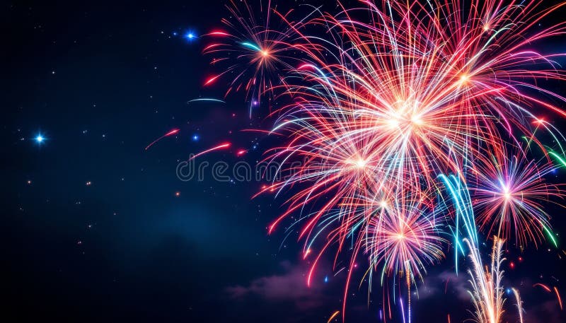 Dynamic Festive Backdrop with Bright Multicolored Fireworks Stock ...