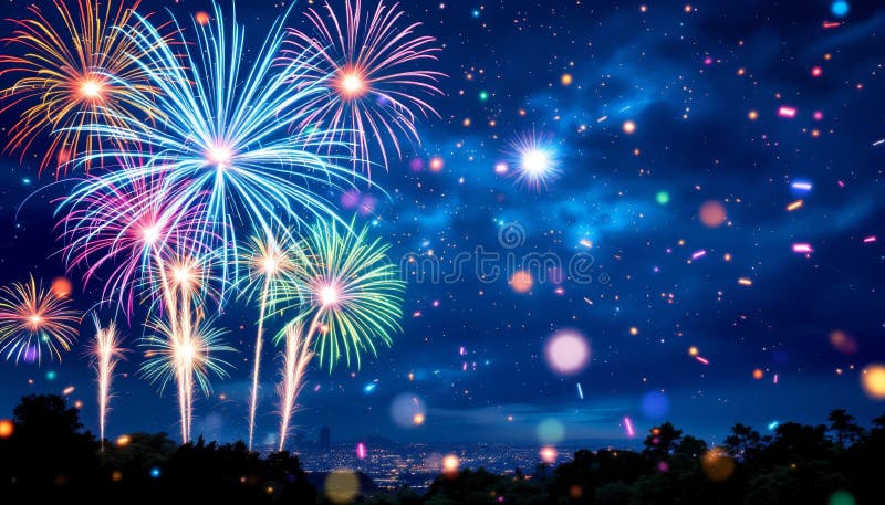 Dynamic Festive Backdrop with Bright Multicolored Fireworks Stock ...