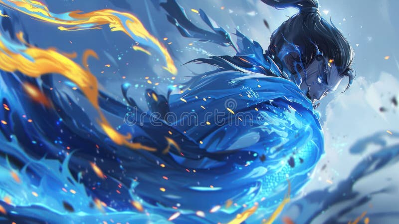 A Dynamic Figure in Flowing Blue Attire, Surrounded by Ethereal Flames ...