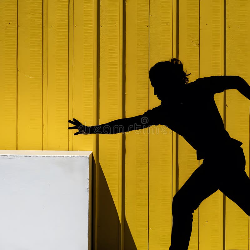 Dynamic Figure Reaching for Rectangular Block Against Vivid Yellow ...