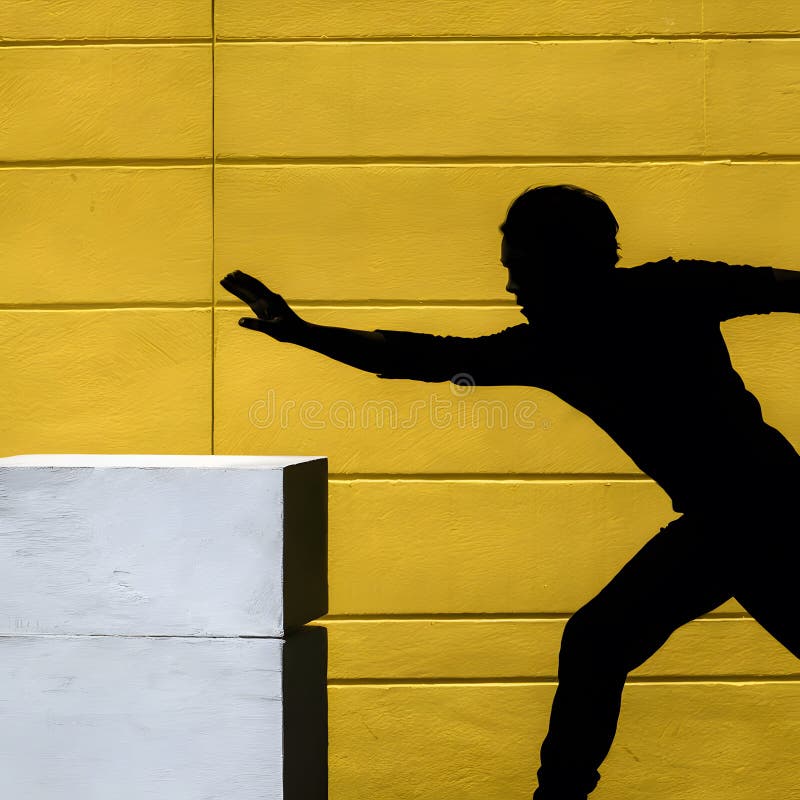 Dynamic Figure Reaching for Rectangular Block Against Vivid Yellow ...