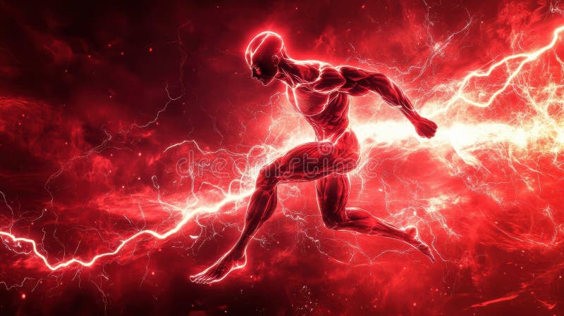 Dynamic Figure Running with Stylized Energy Bursts in a Vibrant Red ...