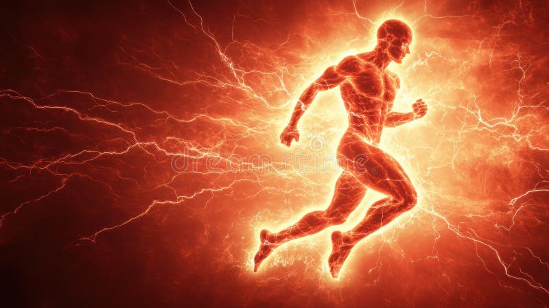 Dynamic Figure Running with Stylized Lightning Burst Against a Vibrant ...