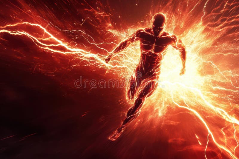 Dynamic Figure Running through Stylized Lightning Burst with Vibrant ...