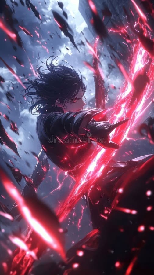 A Dynamic Figure Wielding a Glowing Red Energy Blade Amidst a Dramatic ...