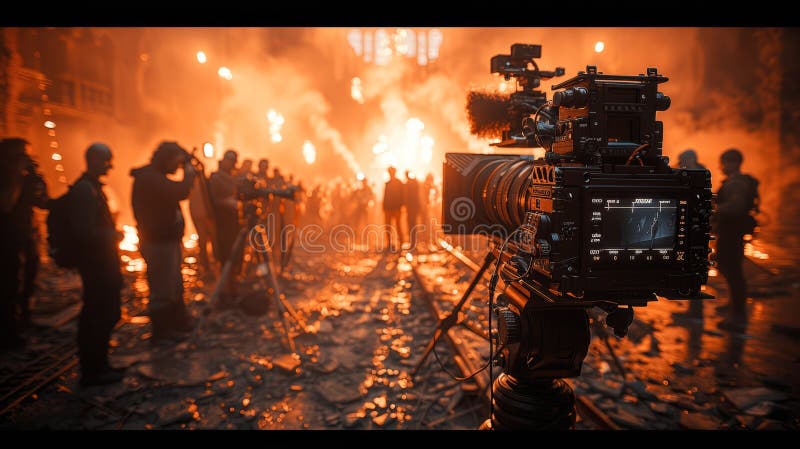 Dynamic Film Crew in Action on Studio Set with Professional Equipment ...