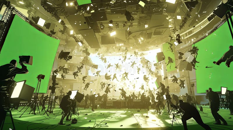 Dynamic Film Studio Setup with Green Screens and Dramatic Ambient ...