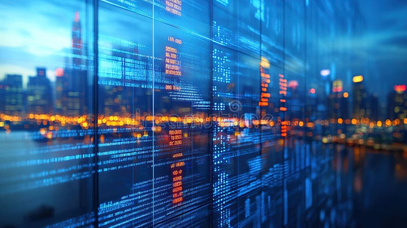 Dynamic Financial Data Wall Reflecting a Cityscape at Night Stock ...