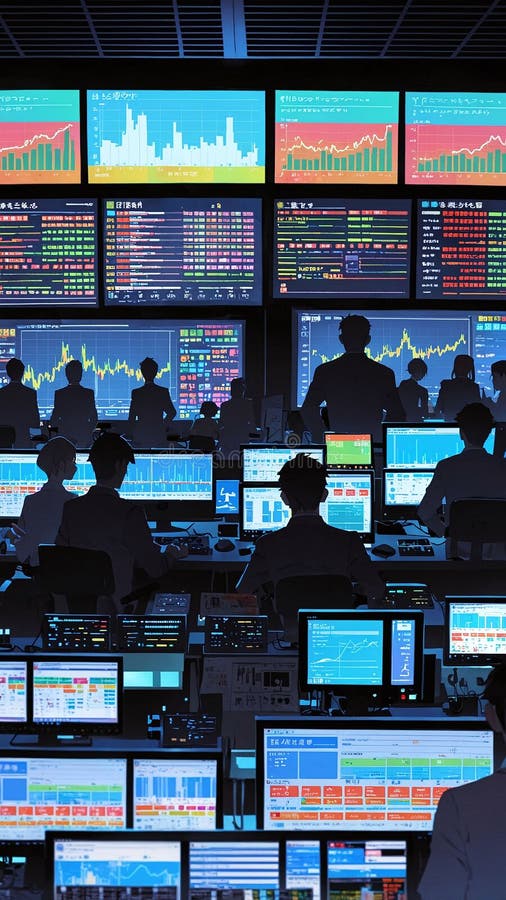 Dynamic Financial District Scene of Anime Traders Managing Market Data ...