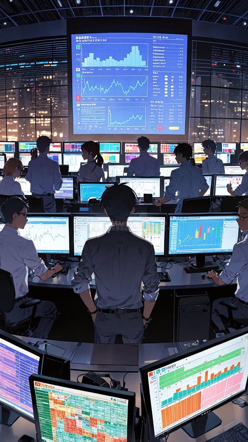 Dynamic Financial District Scene of Anime Traders Managing Market Data ...
