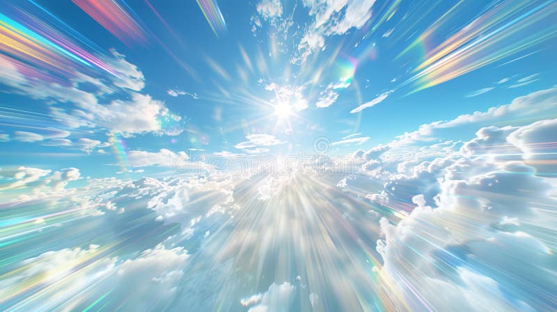 Dynamic First Person View of a Vibrant Rainbow Arcing through a Blue ...