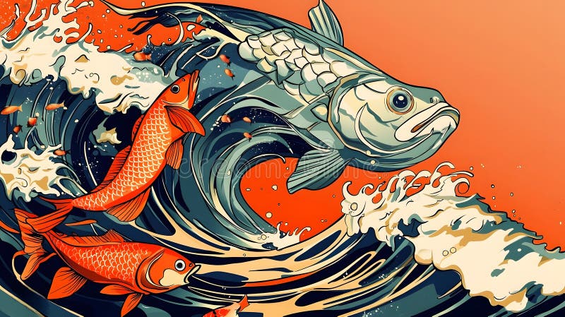 Dynamic Fish Swimming in a Vibrant Wave. Stock Illustration ...