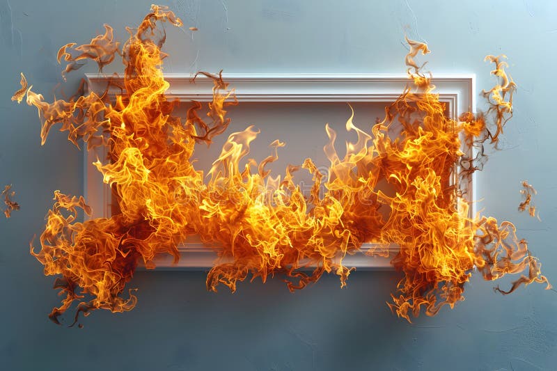 Fiery Art Frame: Dynamic Flames Erupting from a Picture Frame on Blue ...
