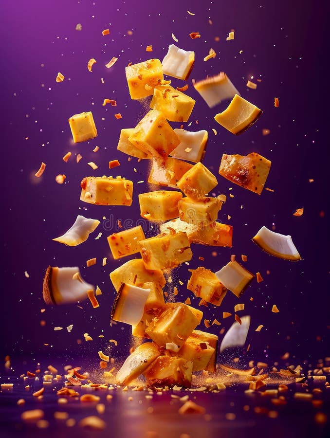 Dynamic Floating Cheese Cubes with Shavings on Vibrant Purple ...