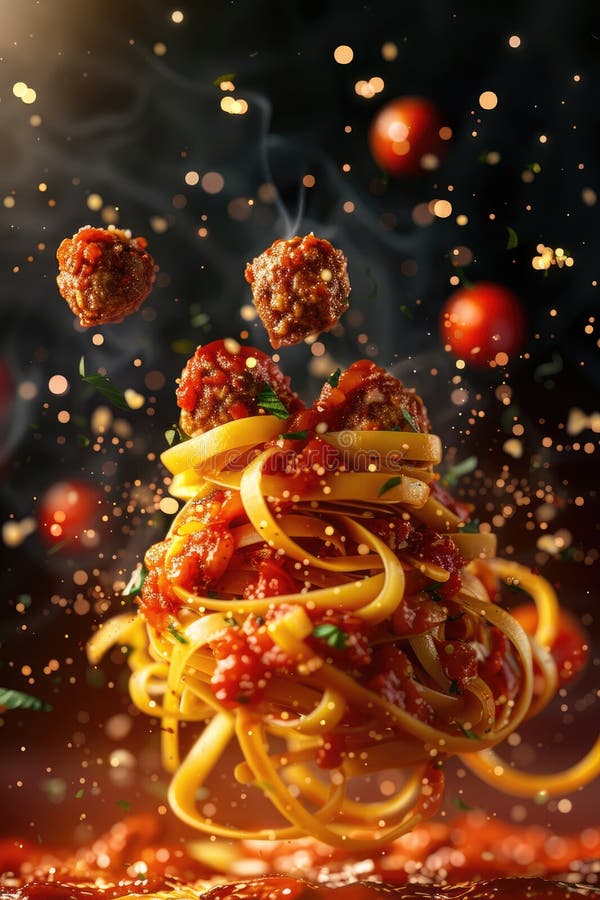 Dynamic Floating Pasta with Meatballs, Fresh Basil, and Tomatoes Stock ...