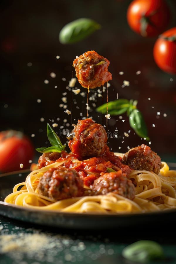 Dynamic Floating Pasta with Meatballs, Fresh Basil, and Tomatoes Stock ...