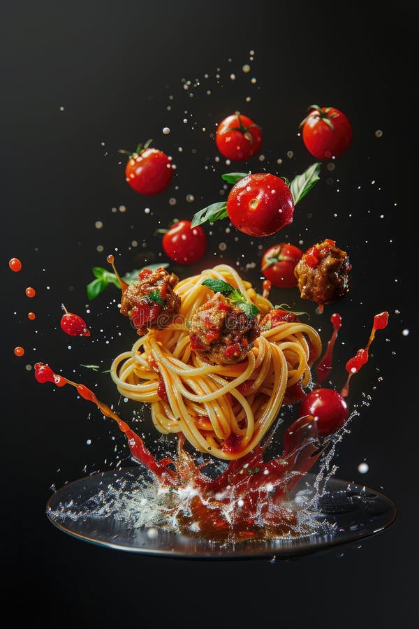 Dynamic Floating Pasta with Meatballs, Fresh Basil, and Tomatoes Stock ...