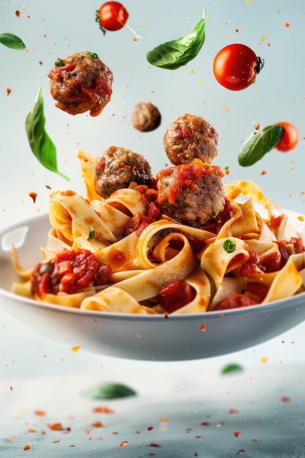 Dynamic Floating Pasta with Meatballs, Fresh Basil, and Tomatoes Stock ...