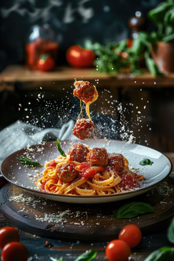 Dynamic Floating Pasta with Meatballs, Fresh Basil, and Tomatoes Stock ...