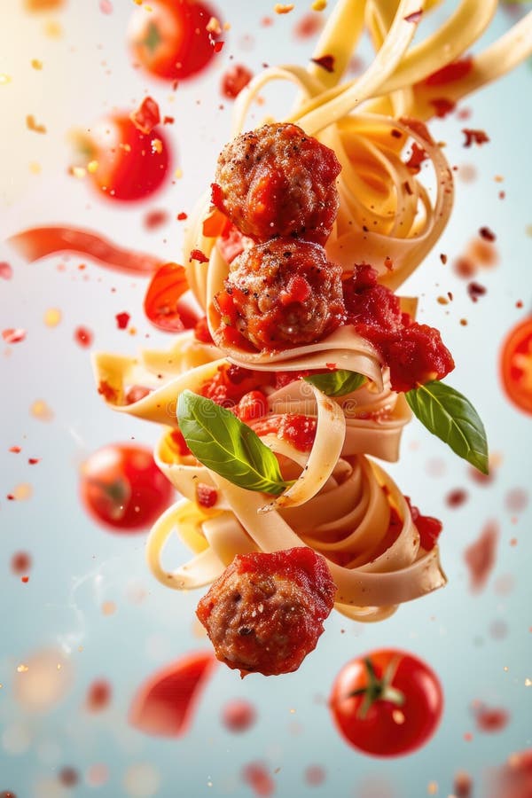 Dynamic Floating Pasta with Meatballs, Fresh Basil, and Tomatoes ...